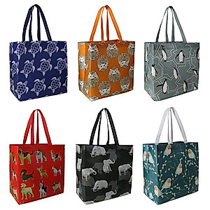 BeeGreen Reusable Grocery Bags Set of 6 Lightweight Recycling Shopping Totes with Long Handle Durable Portable Shopper Baggies for Groceries Supermarket Gift Cute Animal Grey Red Navy Black Green