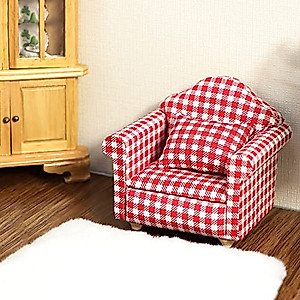 Dollhouse Couch with Pillow 1 12 Scale Miniature Sofa Arm Chair Living Room Furniture Wooden Fabric Frame Single Reading Chair Artificial House Room Scene Decoration (Plaid)