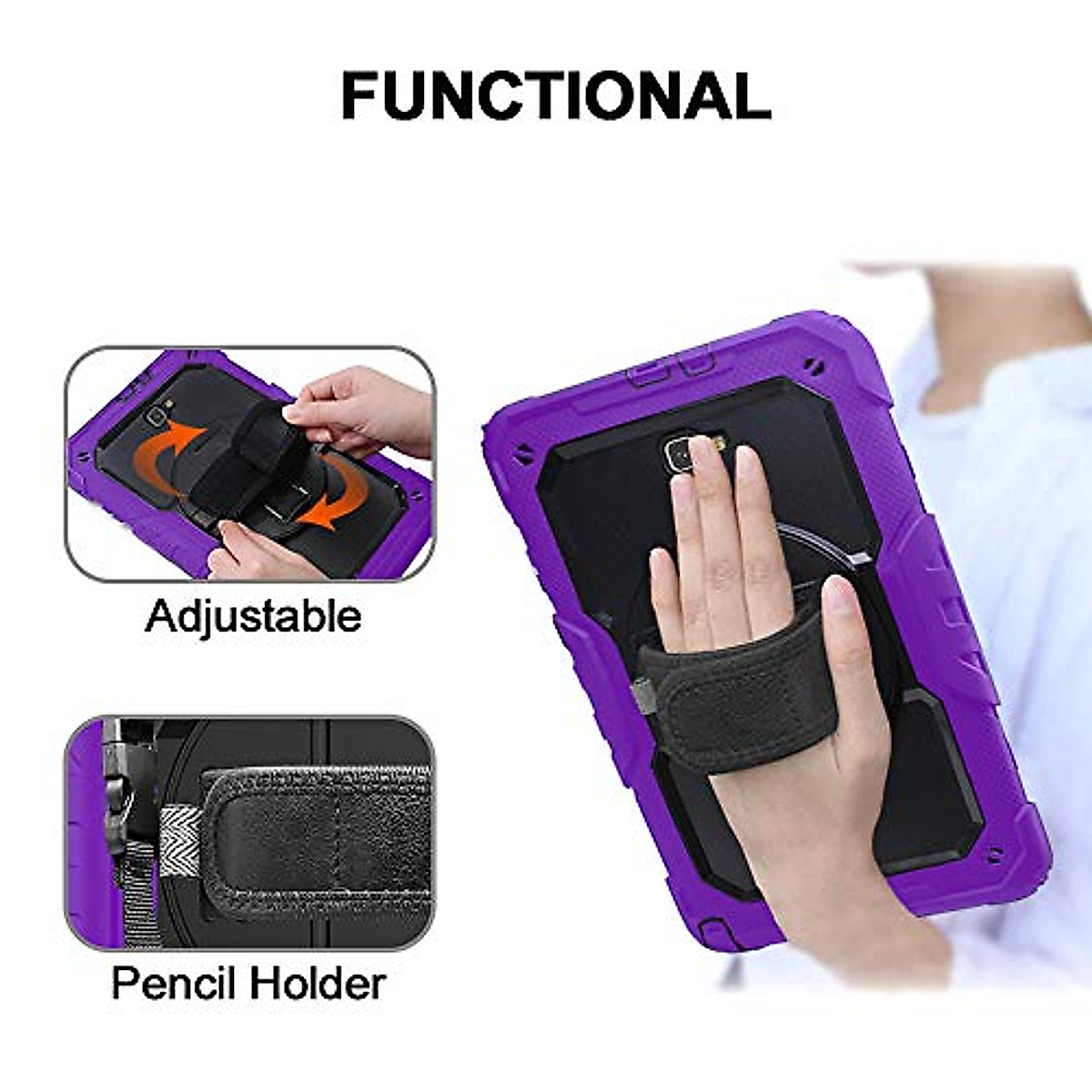 CLARKCAS Case for Samsung Galaxy Tab A 10.1 Case 2016 SM-T580/T585 with Screen Protector Kids Shockproof Rugged Cover Pencil Holder 360 Kickstand Hand Shoulder Strap Purple