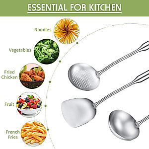 Patelai 3 Pcs 15in Wok Spatula and Ladle, 304 Stainless Steel Wok Utensils All Metal, Utensils Skimmer Ladle Tool Set for Carbon Steel Cooking Baking