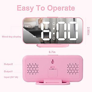 ALANAS Digital Alarm Clock, Dual Alarms with Snooze,Pink Alarm Clocks for Girls, Brightness Dimmer, 2 USB Charging Ports for Cellphone, Mordern Alarm Clocks for Bedroom Bedside Classroom