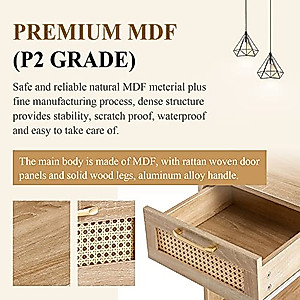 LETESA Rattan Nightstands Set of 2, with Rattan Decor Drawer and Open Shelf, Bed Side Tables with Solid Wood Feet, End Table, Night Stands, for Bedroom, Living Room (2, Natural-Square)