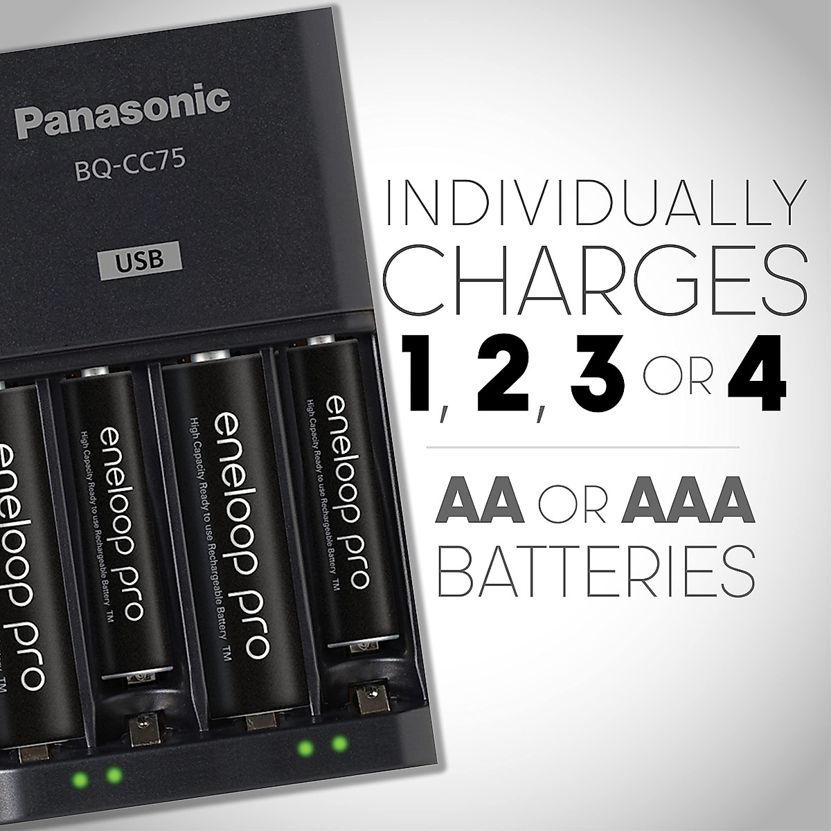 Panasonic BQ-CC75KSBHA eneloop pro Advanced Individual Battery Charger with USB Charging Port, Black