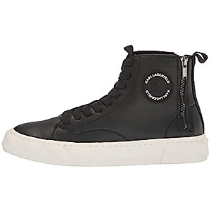 Karl Lagerfeld Paris Men's Recycled Leather Double Back Zip Hi Top Sneaker with Side Logo Patch, Black, 9.5