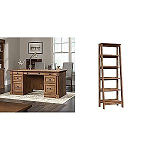 Sauder Palladia Executive Desk, Vintage Oak Finish & Trestle 5-Shelf Bookcase, Vintage Oak Finish