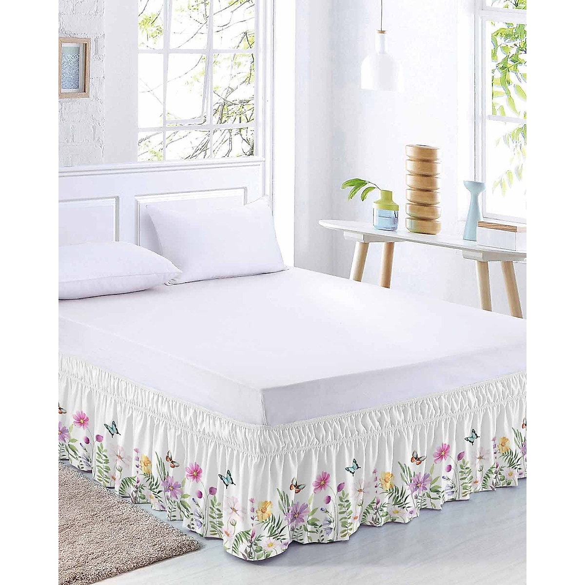 Florals Butter-Fly Bed Skirt Queen Size 18 Inch Drop, Adjustable & Elastic Wrap Around Bed Skirts Pleated Luxury Dust Ruffles for Twin Full Queen Cal King Base Bed, Spring Summer Flower Leaves