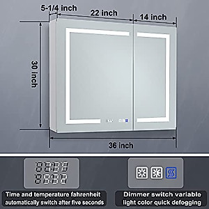 ExBrite Lighted Medicine Cabinet,36x30 in Medicine Cabinets for Bathroom with Mirror,Surface or Recessed Mount LED Medicine Cabinet,3-Layer Storage Shelves,Defog,Dimming,Clock