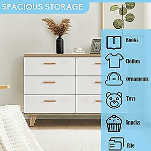 Henf Modern 6 Drawers Dresser, Elegant 6 Drawers Chest Dresser Storage Cabinet with Wood Handles and Foot, Chest of Drawer Cabinet for Closet Bedroom, Living Room, Kids Room