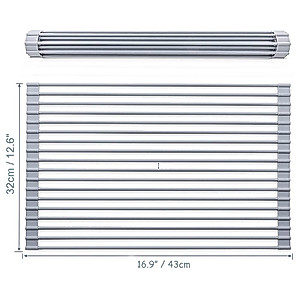 iPEGTOP Roll Up Dish Drying Rack with 304 Stainless Steel Plates Holder Pot Lid Organizer, Over The Sink Kitchen Foldable Multipurpose Dish Drainer Rack for Fruits Vegetable,16.9" x 12.6"