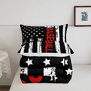 Erosebridal American Flag Comforter Baseball Bedding Twin 2pcs Sports Games Down Comforter for Boys Girls Bedroom Black and White Striped Comforter Set Retro US Flag Decorations, Lightweight Soft