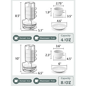 Yedio Porcelain 8 oz Coffee Cups with Saucers and Metal Stand, Porcelain Stackable Cappuccino Cups with Metal Stand, White, Set of 4