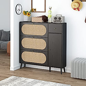 Pvillez Shoe Storage with Flip Drawers,NaturalRattan Shoe Cabinets,Shoe Organizer Rack w Wooden Shoe Organizer for Entryway/Bedroom/Living Room/Apartment,Free Standing