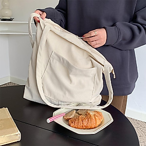 ALUWU Corduroy Tote Bag for Women Corduroy Purse with Front Pocket and Zipper Shoulder Hobo Handbags Simple Canvas Purse, Begie