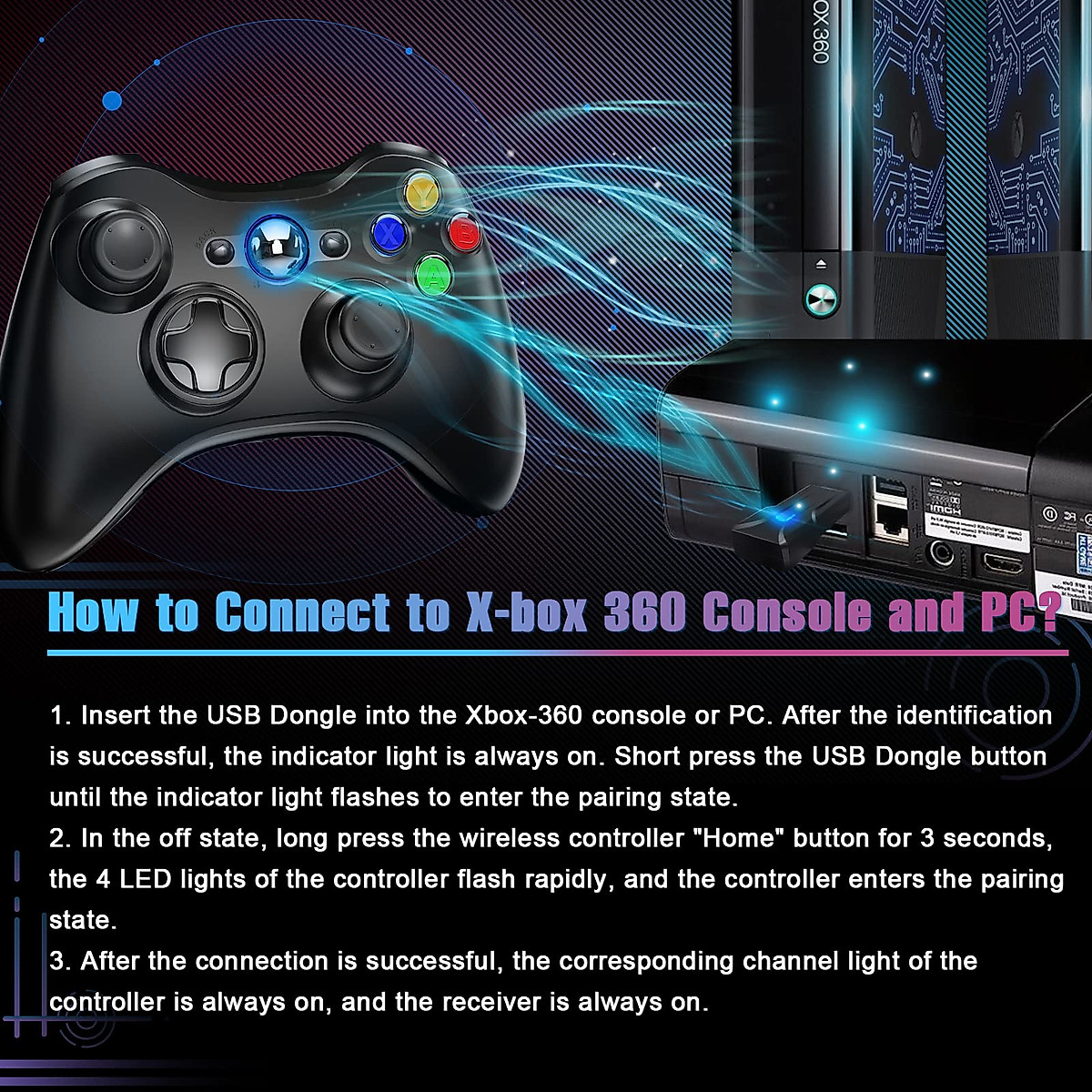 Gamrombo Wireless Controller for Xbox 360, PC Game Controller with Receiver 2.4GHz Gamepad Joystick Controller Compatible with Microsoft Xbox 360/Slim, Windows 7/8/10/11