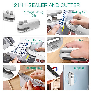 ORIA Mini Bag Sealer, (Upgraded) 2 in 1 Heat Sealer and Cutter, USB Rechargeable Handheld Heat Sealers, Portable Bag Resealer for Airtight Food Storage and Resealing Snack Bags, White