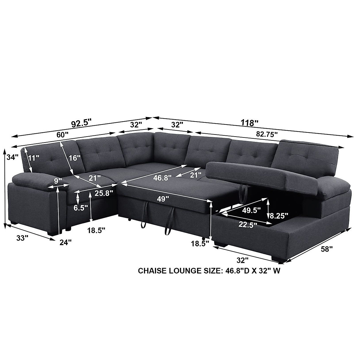 Sleeper Sofa Couch Bed with Pull Out Couch Living Room Set Sectional Sleeper Sofa with Storage Chaise Modular Couch Fabric Sofa Bed in Dark Grey