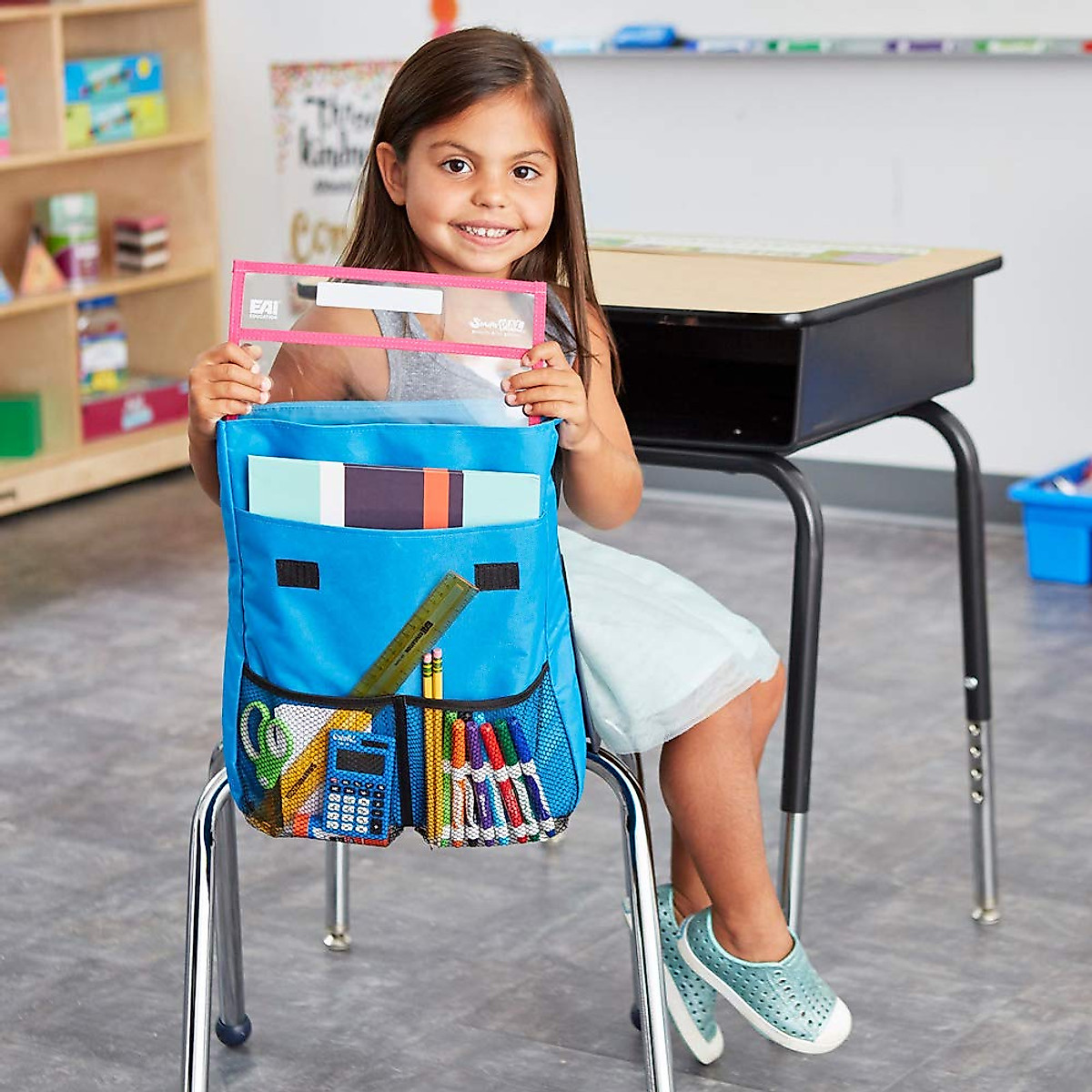 EAI Education NeatSeat Classroom Chair Organizer | Name-Tag Card, Dual Inner Pockets, Set of 4