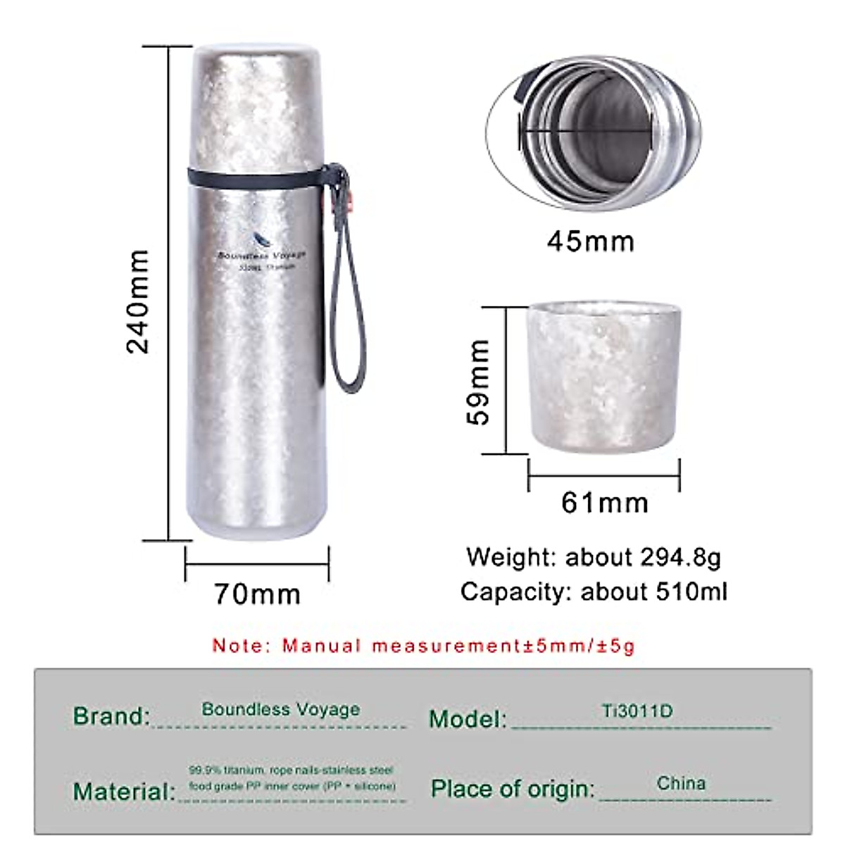 Boundless Voyage Titanium 17 fl oz/510ml Vacuum Water Bottle Double-Walled Lightweight Coffee Bottle Leak-Proof Sport Bottle for Travel Outdoor Office