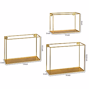 MyGift Wall Mounted Floating Shelf Display Organizer with Brass-Tone Metal Wire Frame, Set of 3 - Handcrafted in India