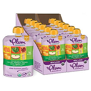 Plum Organics Stage 3 Organic Baby Food - Carrot, Spinach, Turkey, Corn, Apple, and Oat - 4 oz Pouch (Pack of 12) - Organic Baby Food Pouch