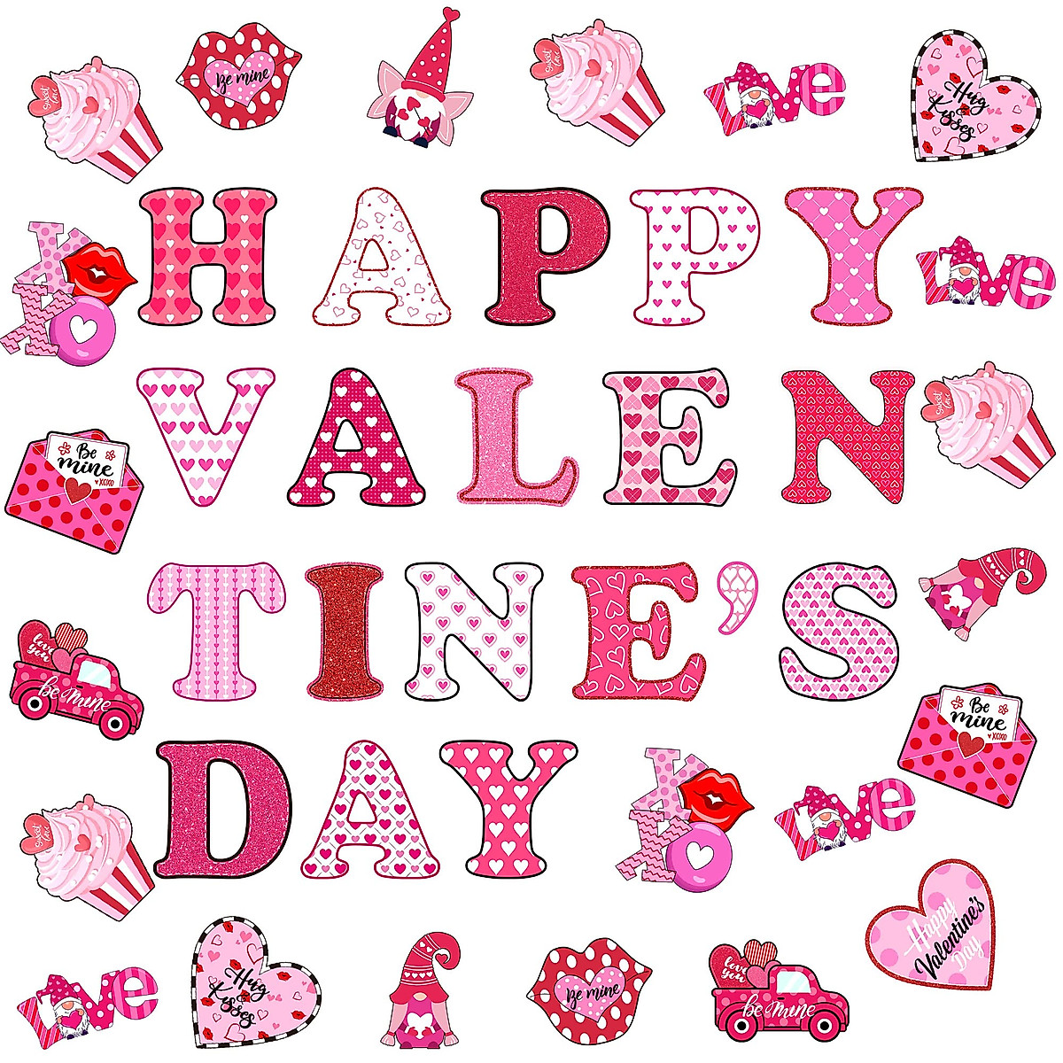 69 Pieces Valentine's Day Cutouts Romantic Gnome Heart Cutouts with 100 Pieces Glue Point Dots Valentines Day Bulletin Board Decorations Valentine Cardboard Paper Cutting for Classroom Decoration