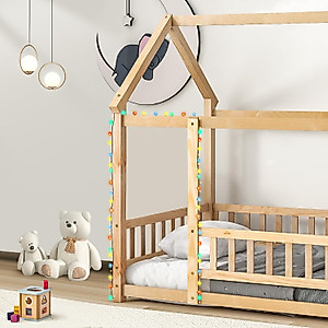 LLS Twin Montessori Bed Frame, Wooden House Bed with Fence and Roof, Floor Bed for Boys Girls Bedroom, Natural