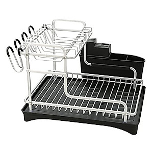 IKAYAA 2-Tier Dish Drying Rack, Dish Rack and Drainboard Set with Swivel Spout, with Cup Holder, Premium Aluminum, for Small Kitchen Countertop, Black Tray + Silver Frame