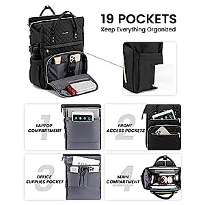 LOVEVOOK Laptop Backpack Women, Stylish Quilted Computer Backpack with USB Port for Work, Waterproof Backpack Purse fits 15.6 inch Laptop, Nurse Teacher Backpack Travel Bags, Lozenge-Black