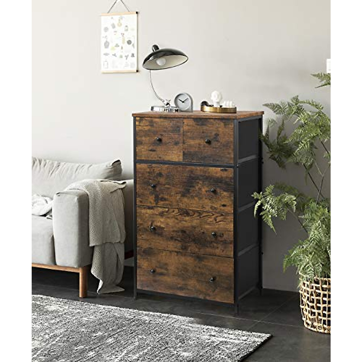 CASATOCA Tall Dresser, Rustic Storage Cabinet with 5 Fabric Drawers, Organizer Unit for Bedroom, Entryway and Closets, Sturdy Steel Frame, Wooden Front and Top, Rustic Brown and Black