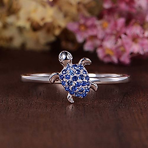 Turtle Rings Sapphire Full Diamond Turtle Rings CZ Simulated Diamond Animal Ring for Women & Young Girls Gifts - Sea Animal Themed Rings(SIZE 8)