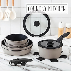 Country Kitchen 16 Piece Pots and Pans Set - Healthy Safe Ceramic Nonstick Kitchen Cookware with Soft Touch Removable Handle, RV Cookware Set, Oven Safe (Grey/Black)