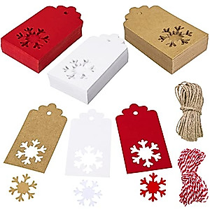 Christmas Tags for Gifts 150 Pcs Holiday Gift Tags with String, Christmas Name Tags Labels Hollow Snowflake Christmas Gift Wrap Kraft Paper Crafts Party Supply with 100 Feet Twine（Red White Kraft）