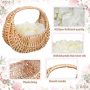 Uiifan 4 Sets Weddings Flower Girl Baskets with 4000 pcs Artificial Silk Rose Petals and Woven Wicker Rattan Basket with Handle and Flower Petals for Bridal Anniversary Party Decoration(Brown)