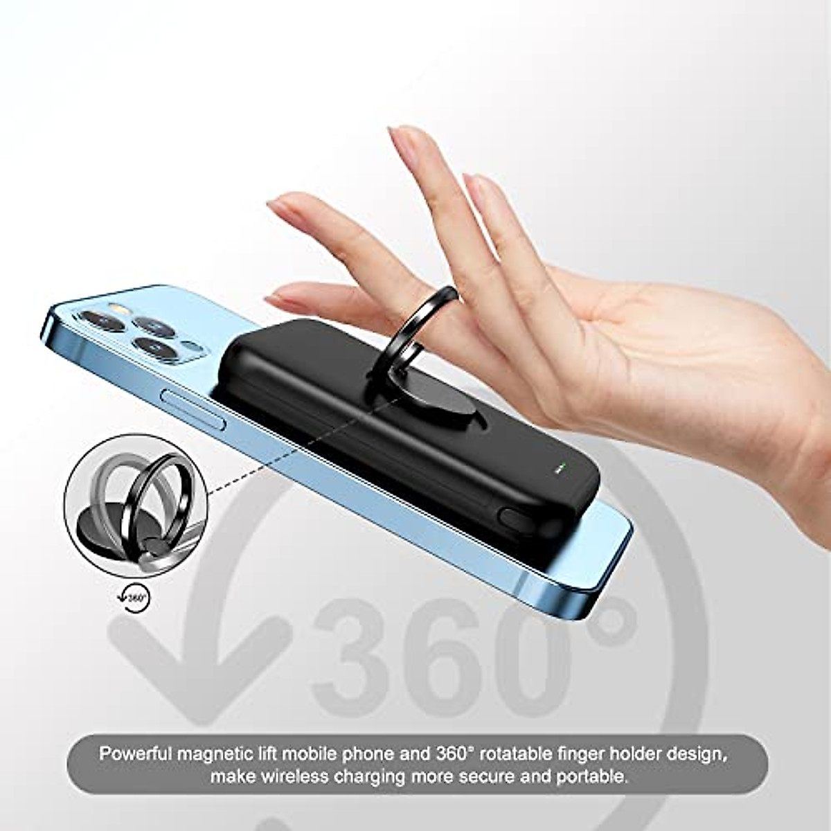 LEEHOU Wireless Portable Charger, 5000mAh Magnetic Power Bank,18W Fast Charging with USB C Cable&Finger Ring Holder Phone Battery Pack for iPhone 14Pro Max/Pro/13/12, AirPods(Black)