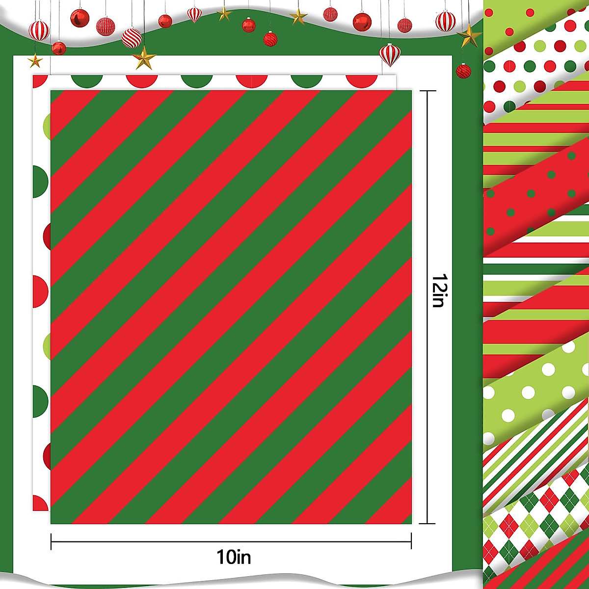 AnyDesign 10 Sheet Christmas Heat Vinyl Transfer 12"x 10" Green Red Stripes Dots Pattern HTV Iron on Vinyl Adhesive Craft Vinyl for DIY Fabric T-Shirt Hat Bag Craft Supplies