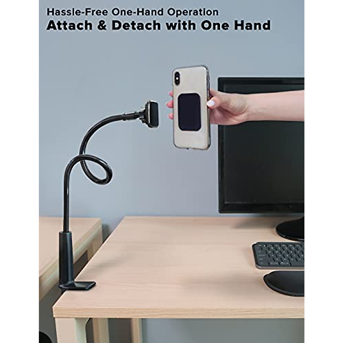 Debranded Products Magnetic Gooseneck Phone Holder Mount - Heavy Duty Magnetic Stand, Phone Accessories for Bed, Desk, Heavy Duty Magnet and Long Arm, Overhead Stand, Compatible with All Smartphones