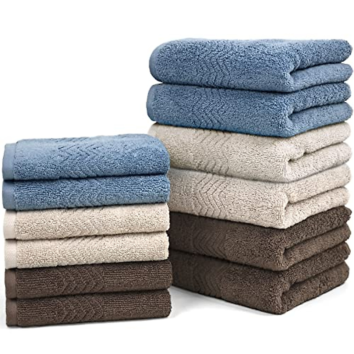 Cleanbear Hand Towels and Washcloths Set, 6 Hand Towel and 6 Wash Cloths with 3 Colors for Your Different Daily Needs