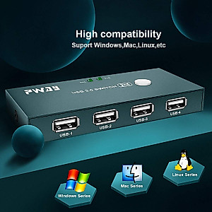 USB Switch for 2 Computers Sharing 4 USB 2.0 Port Devices, USB 2.0 Peripheral Switch Box Hub for One-Button Swapping, Compatible with Windows Mac Linux, Powered by USB, with 2 USB Cables