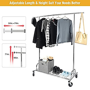 ALBOMI Adjustable Commercial Clothes Rack Heavy Duty On Lockable Wheels, Large Portable Clothing Rack For Hanging Clothes, Rolling Garment Racks With 1 Rod & Shelf For Entryway Bedroom Balcony
