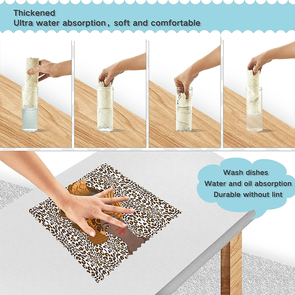 ALAZA Dish Towels Kitchen Cleaning Cloths African American Woman Leopard Dish Cloths Super Absorbent Kitchen Towels Lint Free Bar Tea Soft Towel Kitchen Accessories Set of 6,11"x11"