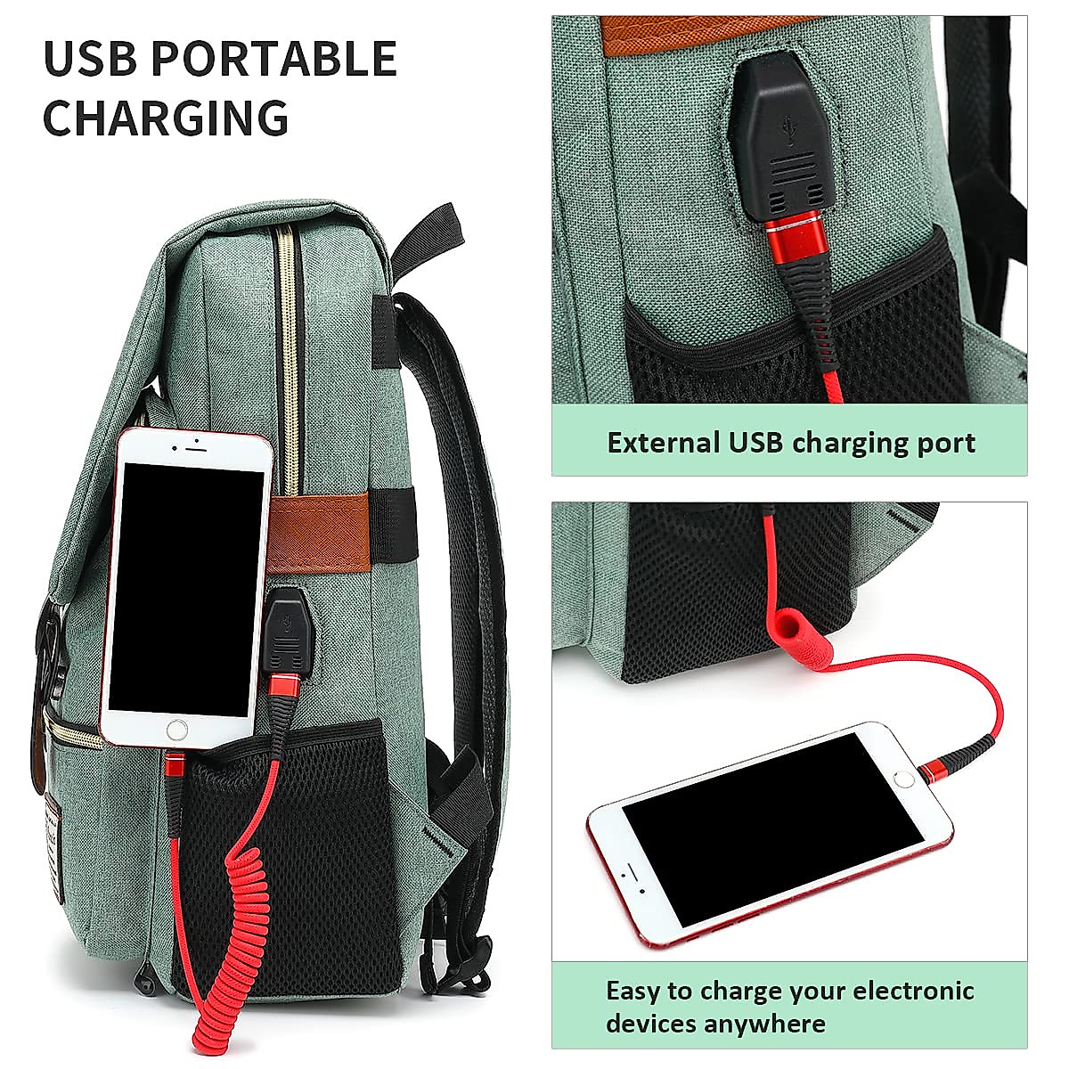 Mancio Vintage Slim Laptop Backpack for Women Men,Tear Resistant Business School College Bag with USB Charging Port, Green.