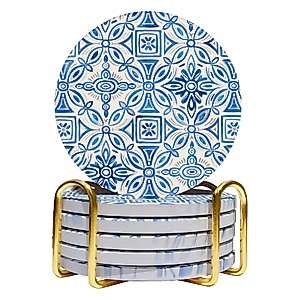Ceramic Drink Coasters - Includes 6 Handpainted Blue Patterns and Gold Holder - Super Absorbent - Cork Underside Protects Furniture