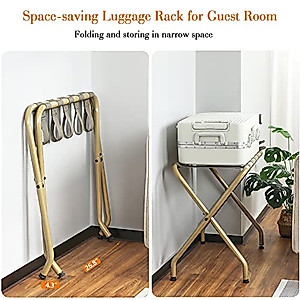 ELYKEN 2 Pack Folding Luggage Rack for Guest Room, Easily Assemble Metal Suitcase Stand, Foldable Space Saving Hotel Storage Rack,Heavy Duty Max 110LBS Loading Bearing Luggage Holder, Gold