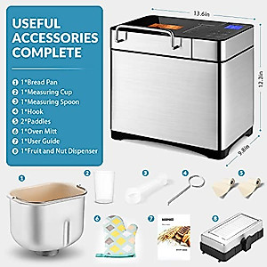 KEEPEEZ Bread Maker Machine, 2LB Premium Stainless Steel Bread Maker, 17-in-1 with Gluten Free, Jam, Yogurt, Dough, Auto Nut Dispenser, Ceramic Pan, 1Hour Keep Warm, 3 Crust Shades, 2 Paddles, Recipes