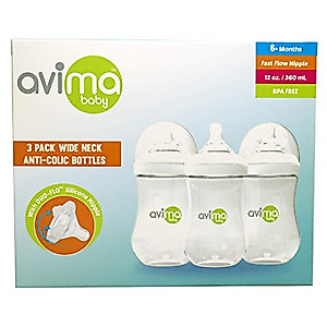 Avima 12 oz Anti Colic Infant Bottles, BPA Free, Wide Neck with Fast Flow Nipples (Set of 3)