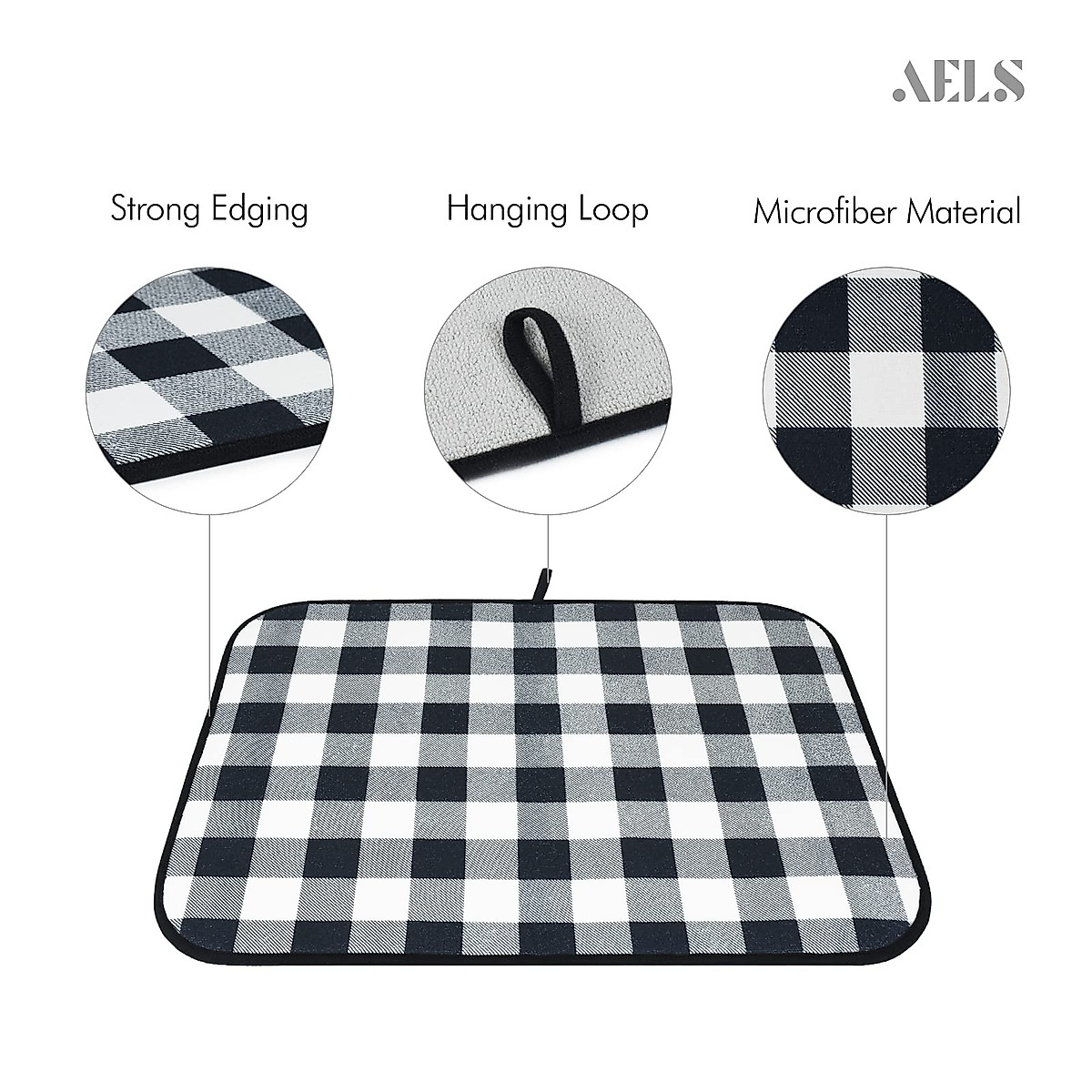 AELS XL 24" x 18" Dish Drying Mat, Set of 2, for Kitchen Counter, Buffalo Check Plaid Tartan Reversible Absorbent Microfiber Dish Drainer/Rack Pads with Hanging Loop