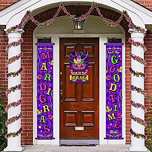 Mardi Gras Decorations, Mardi Gras Hanging Backdrop Banner, New Orleans Themed Party Welcome Porch Sign, 16.4 FT Mardi Gras Glittering Tinsel Garland, Carnival Party Wall Decor for Parade Masquerade