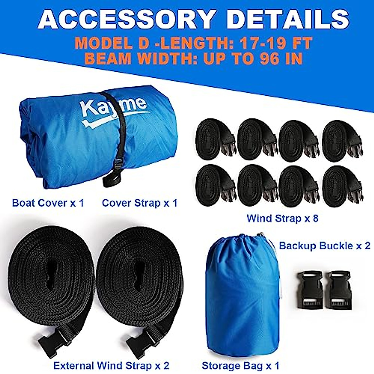 Kayme 600D Heavy Duty Boat Cover, Waterproof and Tear Resistant Boat Canvas, Tarps with Windproof Straps. Fit for V-Hull, Tri-Hull, Bass Boat, Fish & Ski Boat, Length 17'-19', Width up to 96".