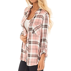 NUOREEL Womens Casual Plaid Soft Button Down Tops Roll Up Long Sleeve Cuffed Blouse Shirts (Large, Pink)
