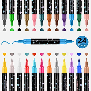 24 Colors Dual Tip Acrylic Paint Marker Pens Set, Multifunctional Acrylic Tips with Laser Pen Body, Professional Acrylic Paint Pens for Wood, Canvas, Rock Painting, Glass, DIY Crafts Art Supplies